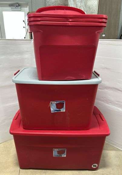 (5) Red totes, includes: One- 45-gallon with wheels, One- 32-gallon ...