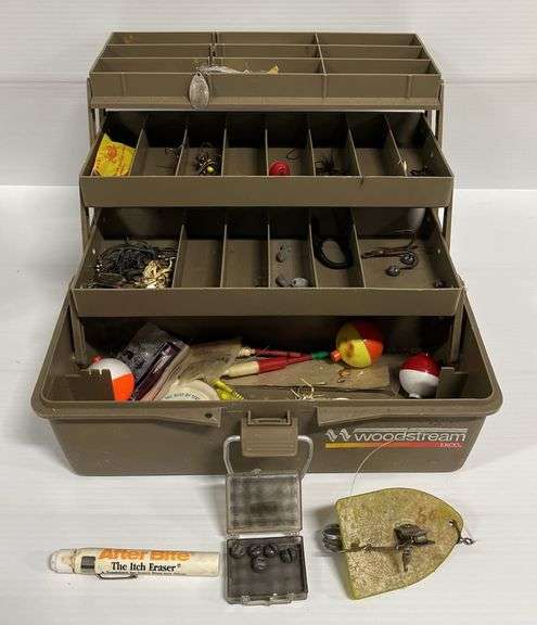 Tackle box with hooks, sinkers, bobbers, spinning lures, 13"W x 6"D x 7 ...