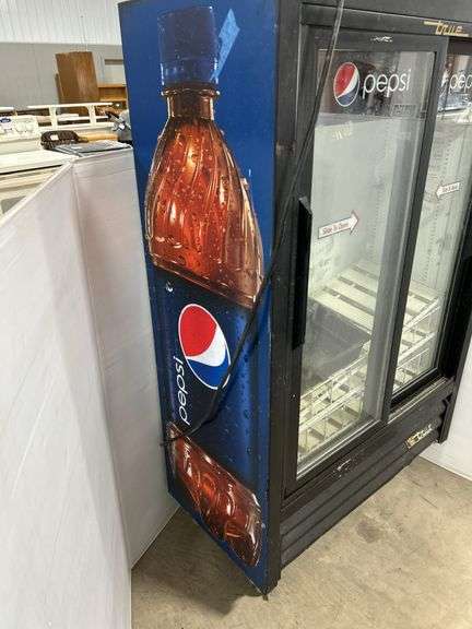 Pepsi Cooler, 36"W x 18"D x 59"H, will need to be cleaned, has wear ...