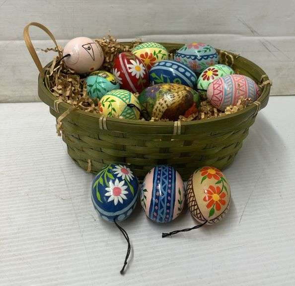 (13) Folk art hand painted genuine egg shells, large paper mache bird ...