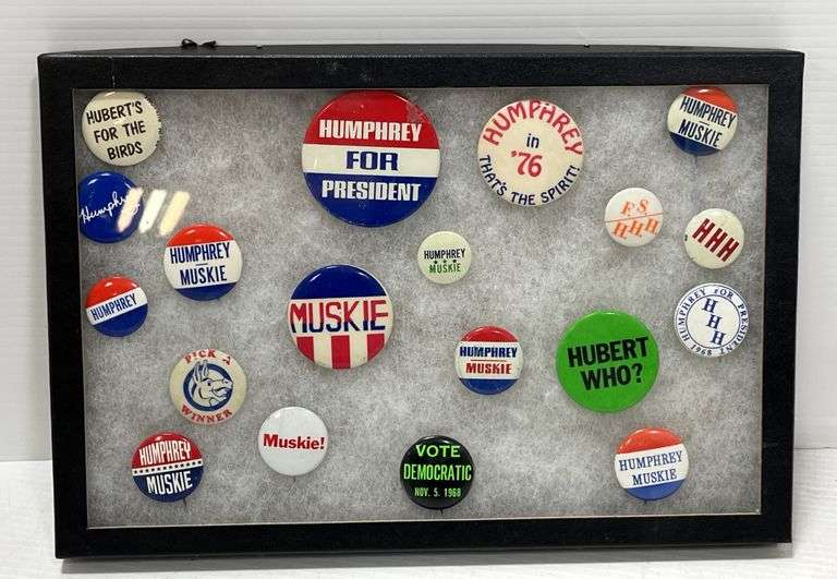 1968-1976 Humphrey/Muskie political buttons in case, 12 1/4"L x 8 1/4"H ...