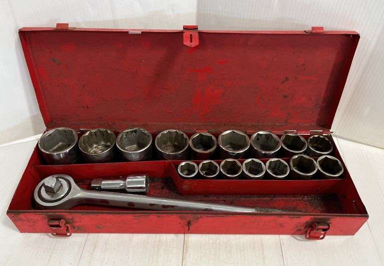Large ratchet and socket set, in red metal case, 15/16" to 2" sockets ...