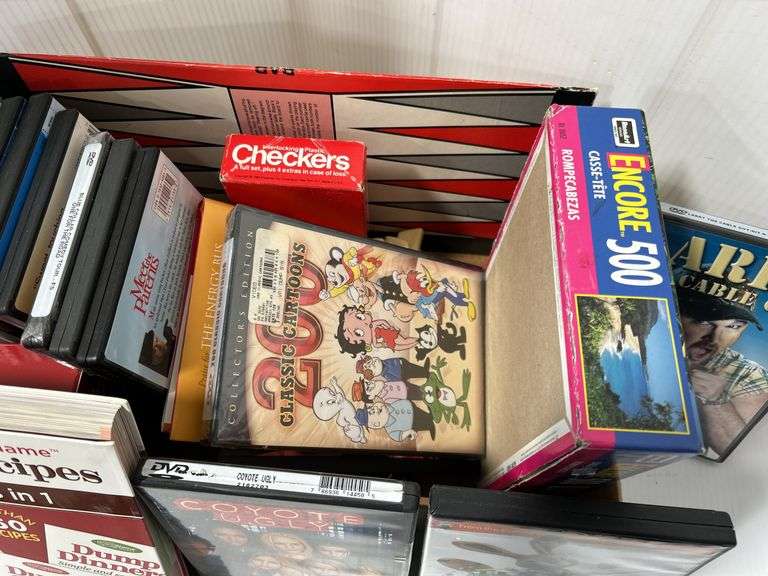 (12) DVDs, puzzle, books, steak knives, Checkers game, used, good ...