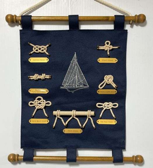 USCG wall art knot display banner, navy blue canvas, brass caps on the ...