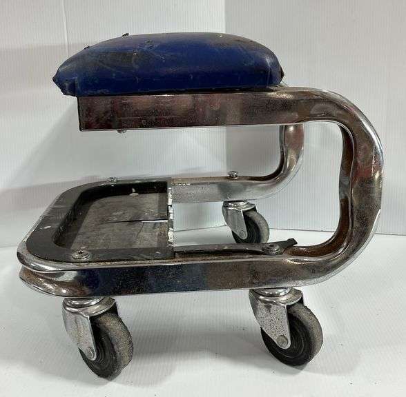 Rolling shop stool, 14"W x 14"H, good, some wear - Albrecht Auction Service