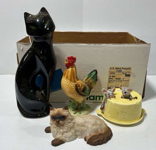 Ceramic cat figurines, rooster, and cheese mice, 12 1/2"H, good ...