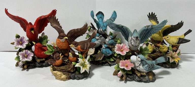 (5) Ceramic bird figurines, Cardinal, Blue Jay, and Robin, the Blue Jay ...