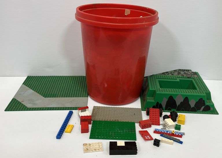 Bucket of Legos and (2) play ares, bucket- 12"H, bricks, wheels, people ...