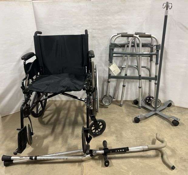 Medical Equipment, wheel chair, 22" x 20"; Crutches; IV pole; (2 ...