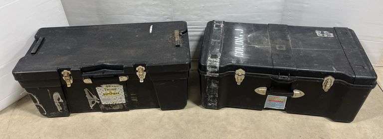 (2) Large plastic storage trunks, 32"L x 15"D x 14"H and 31"L x 16"D x ...