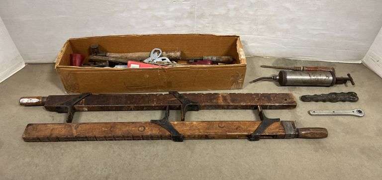 Dozens of misc. old tools, includes (2) wood clamps from the 1800s ...