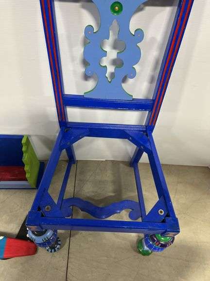 Blue funky chair, long wall shelf, and a funky fish, shelf- 60"W ...