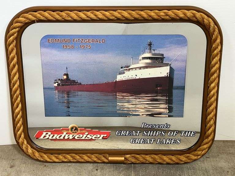 Budweiser Sign/Mirror, Rope Frame, "Presents Great Ships of the Great ...