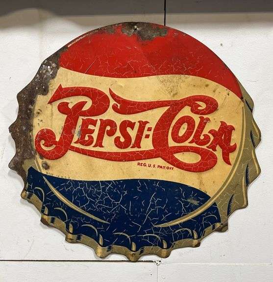 Original 1950s-60s Pepsi Cola button sign, 14" x 13", wear, writing on ...