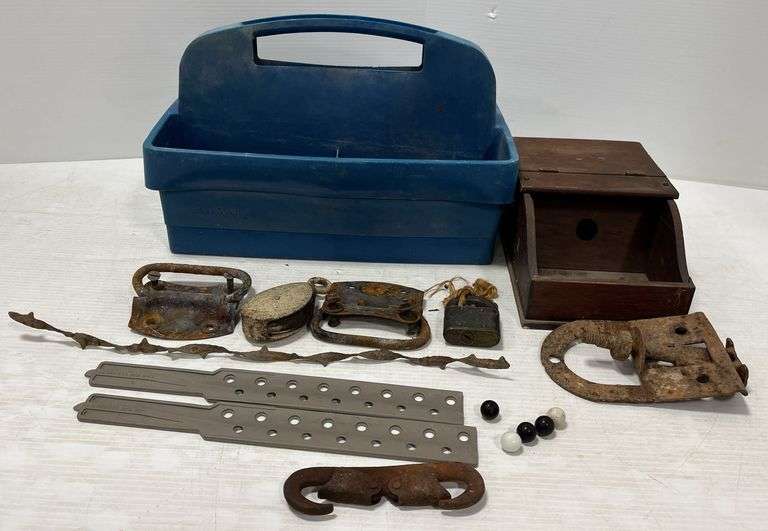 Old items, include: Pull handles, Padlock with key, Pulley, Paint ...