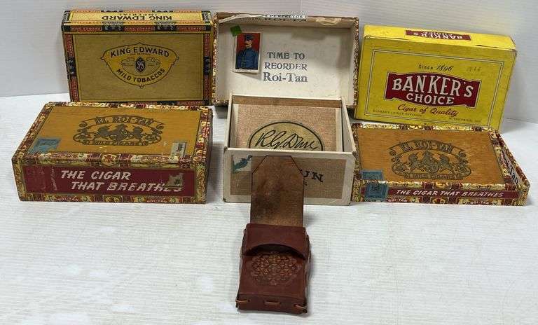 (6) Cigar boxes, mostly different, one has old card from cigar pack ...