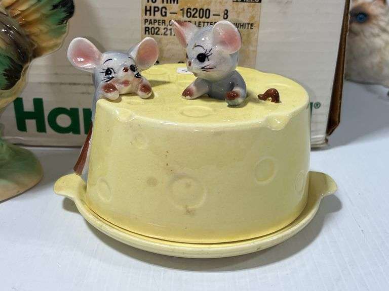 Ceramic cat figurines, rooster, and cheese mice, 12 1/2"H, good ...