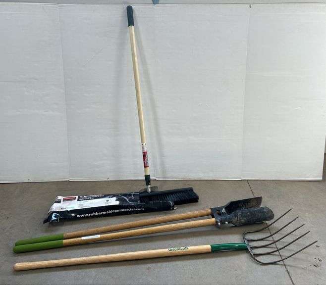 Pitch fork, post hole digger; Rubbermaid shop broom, 24"W, new ...