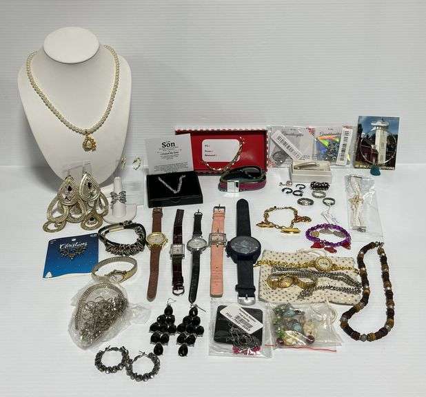 Bracelets, necklaces, earrings, and rings, son's necklace, granddaughter necklaces, and belly ...