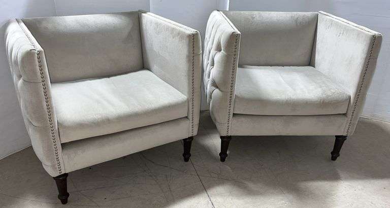 Pair of Contemporary cream vellore square chairs, 17"H to seat, 32"H at ...