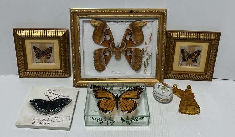 Fenton amber roller skate glass butterfly box, (2) Framed butterfly ...