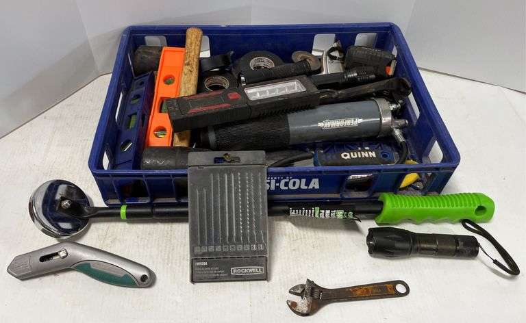 Assorted tools, includes: Long extendable stick magnet, levels, rolls ...