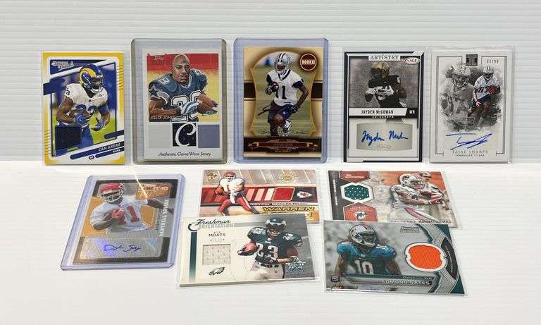 Various game used patches, autographs, and numbered football cards ...