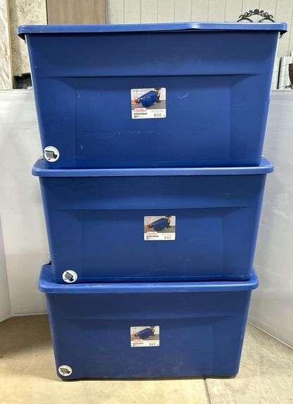(3) 45-Gallon matched blue in color totes, comes with wheels on one end ...