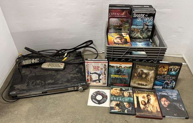 DVDs, all genres, some without cases; DVD player with remotes, 17"L ...