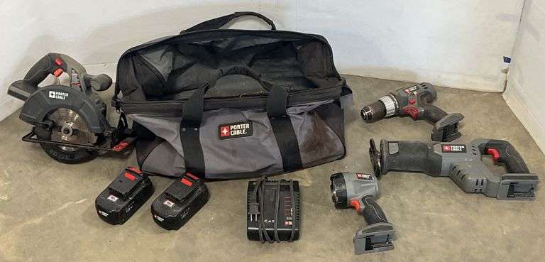 (3) Piece Porter Cable tool set with bag, (2) batteries, and charger ...