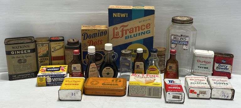 (24) Vintage tin, cardboard and glass containers of food and candy ...