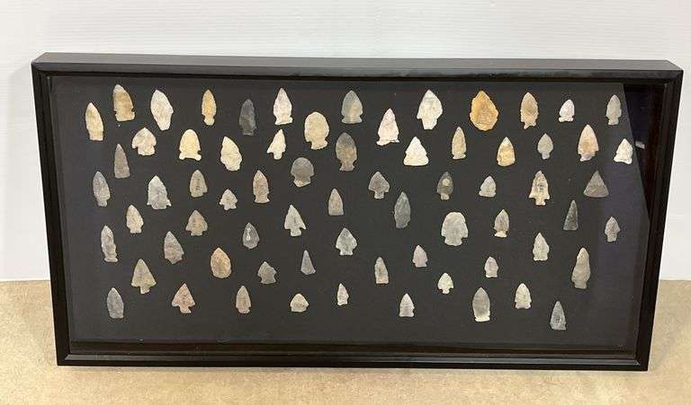 (71) Arrowheads collection from Michigan, Tennessee, and Ohio, in a framed shadowbox, 32" x 17 ...