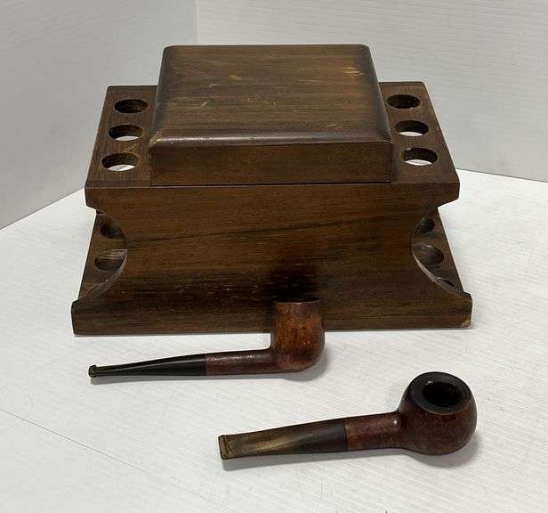 Older wooden pipe holder, and two briar wood pipes, Mid-Century Deco ...