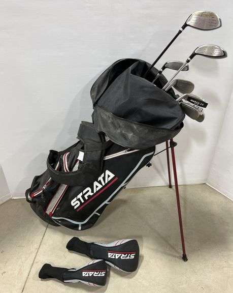 Strata golf bag and clubs, include: 1, 3, and 5 woods, graphite shafts ...