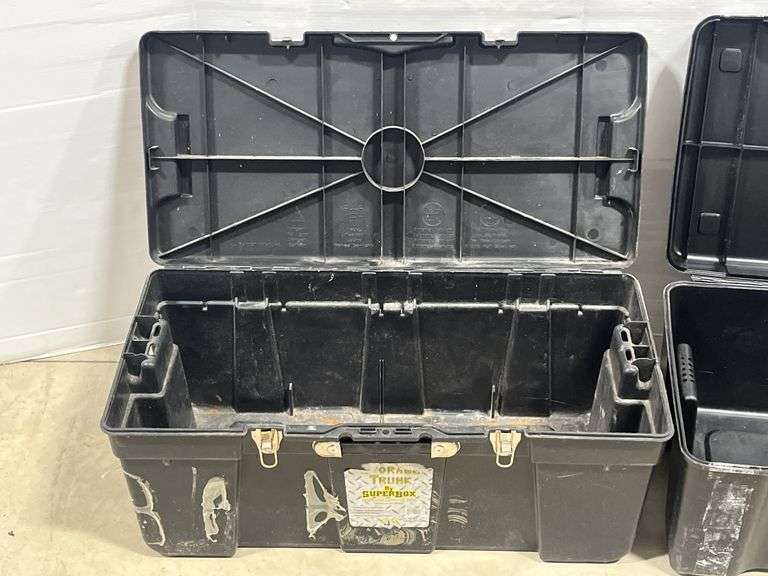 (2) Large plastic storage trunks, 32"L x 15"D x 14"H and 31"L x 16"D x ...