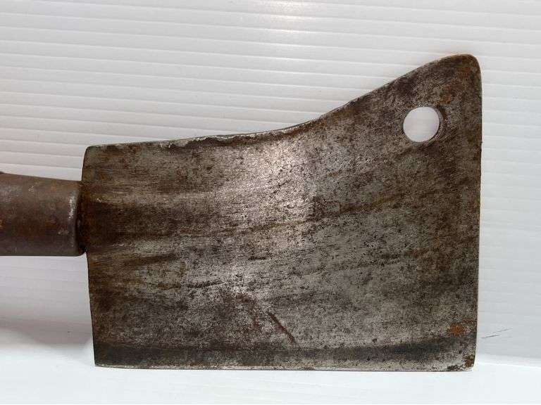 (2) Antique butcher meat cleavers with original wooden handles: 1- WM ...