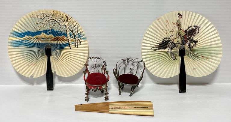 (2) Chairs of tin can pincushion art, (2) Chinese folding fans with ...