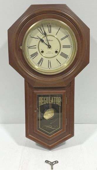Waltham Regulator Clock, 16"W x 5 1/2"D x 29"H, wind-up key in case, it ...