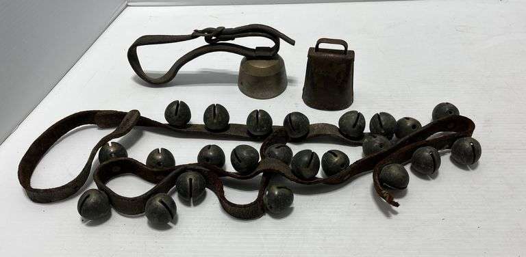 Antique brass bells on leather strap, (2) Cow bells on a strap, longest ...