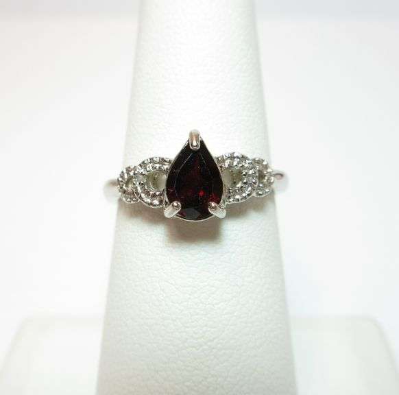 Pear cut natural garnet and diamond ring, size 7.25, sterling silver natural gemstone diamond ...