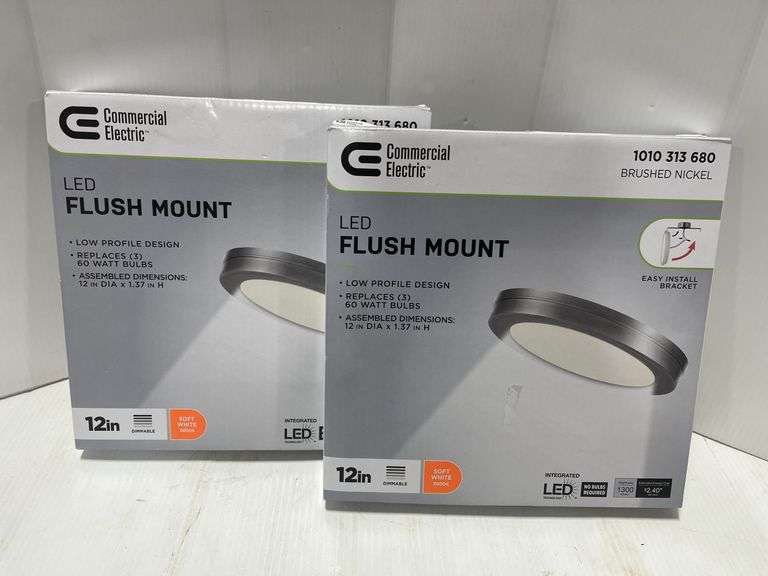 (2) Commercial electric 12" LED flush mount light fixtures, low profile design is brushed nickel ...