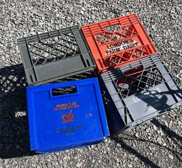 (4) Old milk crates, one crate is double stamped, London Farm Dairy ...