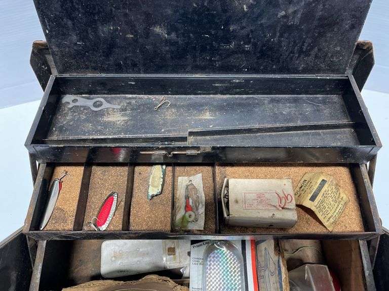 Old pressed steel tackle box with some old tackle, 18"L x 10"D x 13"H ...