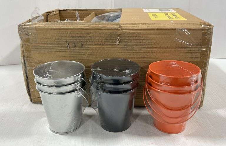(54) Mini metal pails, approx. 2-cups, assorted orange, black, and ...
