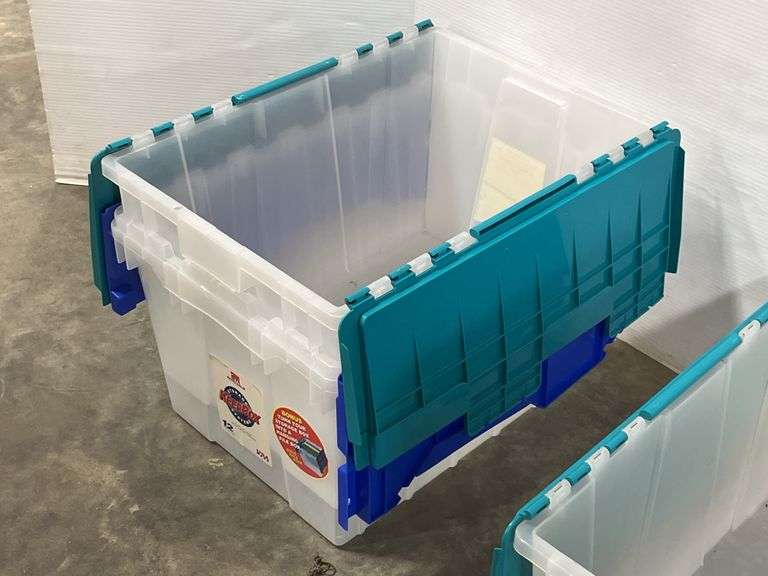 (3) Commercial style storage totes with flip tops, 12-gallon, great ...