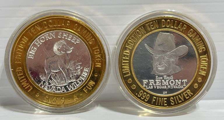(2) .999 silver L.V. Gaming Tokens, Slots of Fun, and Fremont Hotel ...