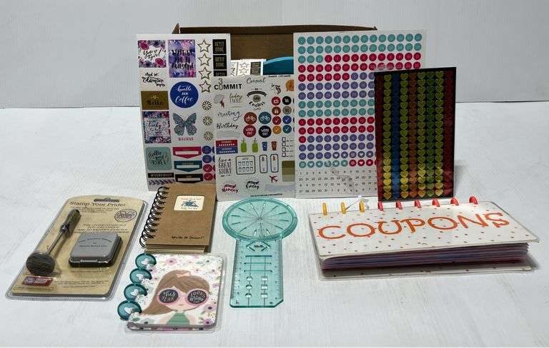 Box of assorted journaling items, includes: Sheets of stickers, journal ...