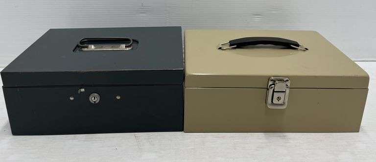 (2) Metal lockable cash/safe boxes with trays for change and more, both ...