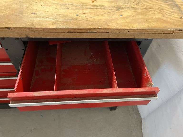 Tool chest workbench, 10 metal drawers, wood top, metal frame, drawers ...
