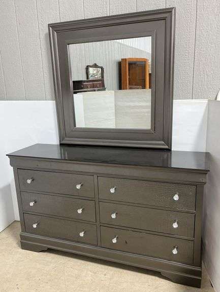 Six-drawer dresser with mirror and jewel style knobs, mirror has LED ...